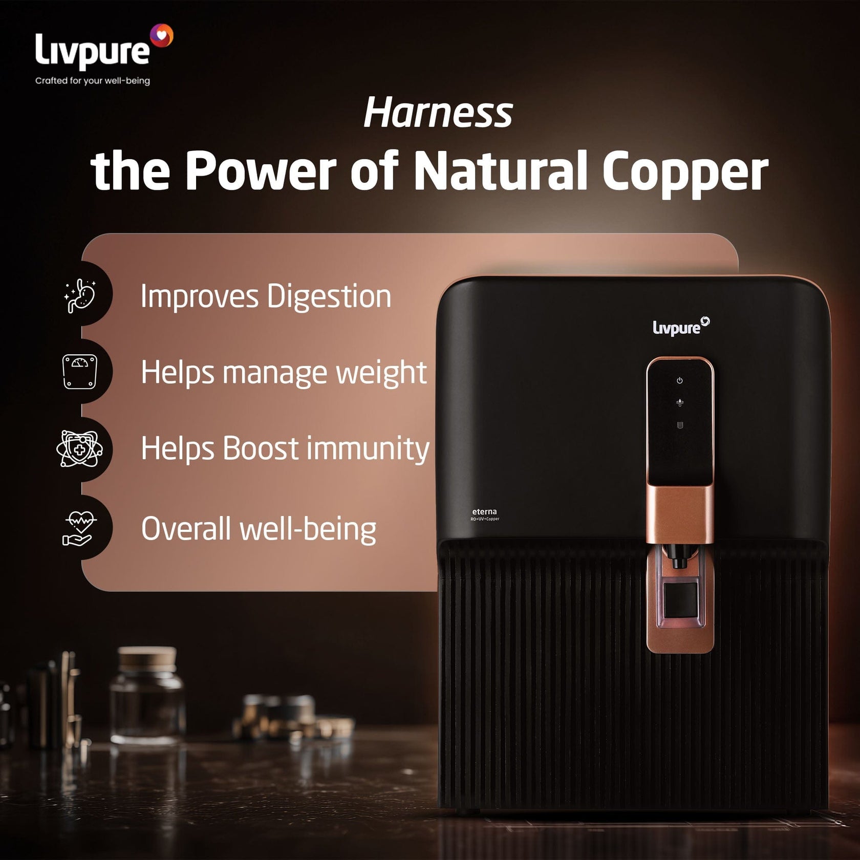 Livpure Eterna RO+UV+Copper Water Purifier | 7L Storage